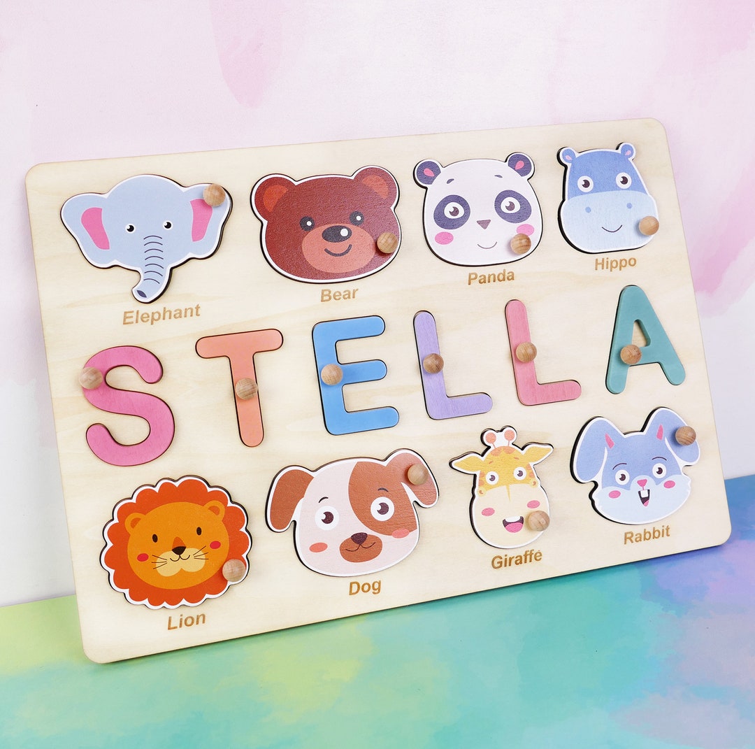 Personalized Wooden Name Puzzle, Animal Theme, Engraved Baby Gift - Etsy