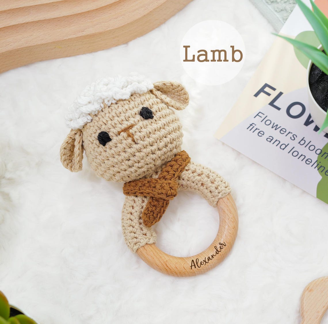 Crochet Lamb Rattle & Pacifier Clip for Babies, Custom Wooden Baby ...