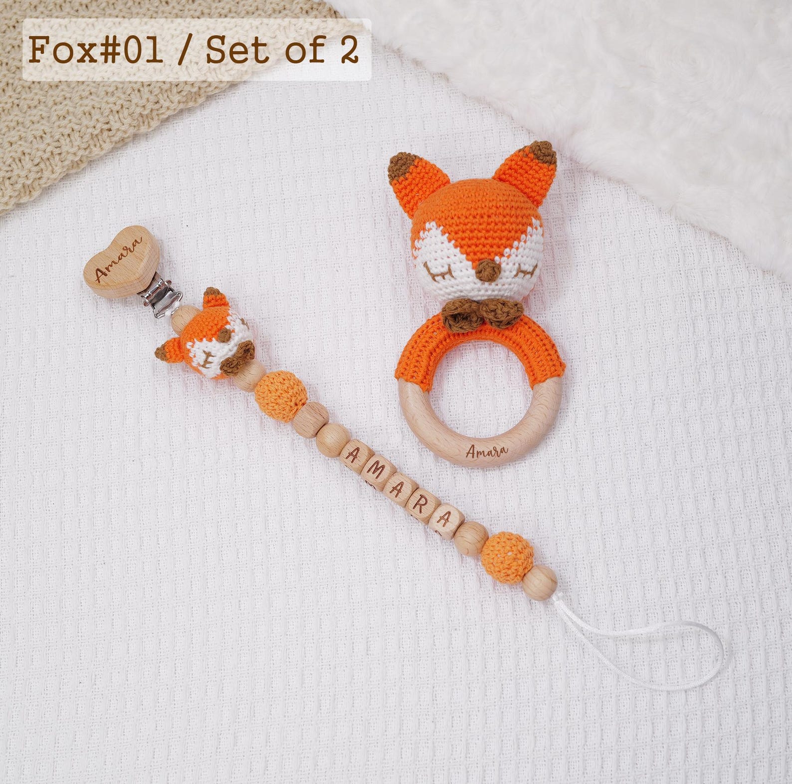 Custom Fox Crochet Rattle With Dummy Clip, Pacifier Clip Set for Baby ...