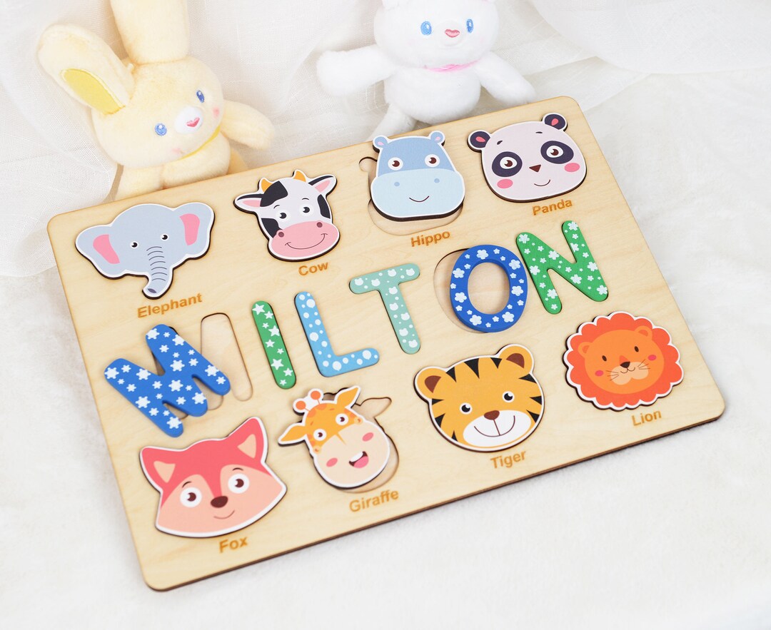 Personalized Wooden Animal Name Puzzle - White Star Dotted Letters ...