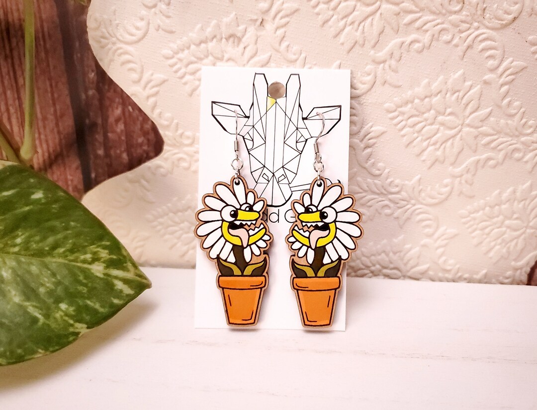 Gilbert the Daisy. Cartoon Flower Earrings. Laser Engraved, Wooden ...