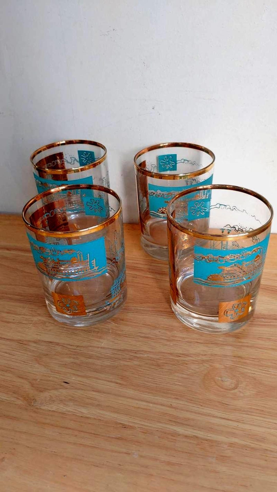 4 MCM Rock Whiskey Glasses Atomic Turquoise Gold Libbey Steamboat ...
