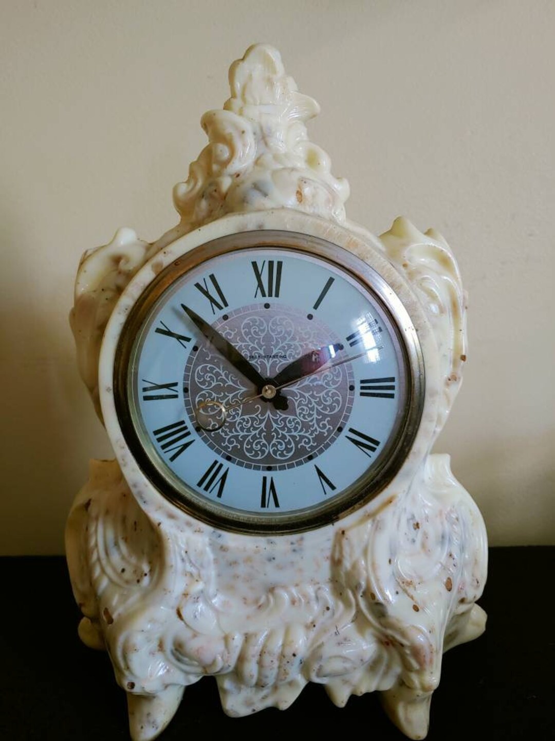 Antique Marble Clock Soap Stone Carving Mantel Footed Engraved Roman ...