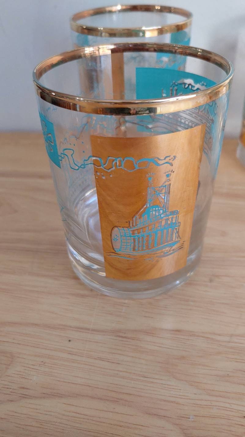 4 Atomic Ware Whiskey Turquoise Gold Libbey Glasses Steamboat Barware ...