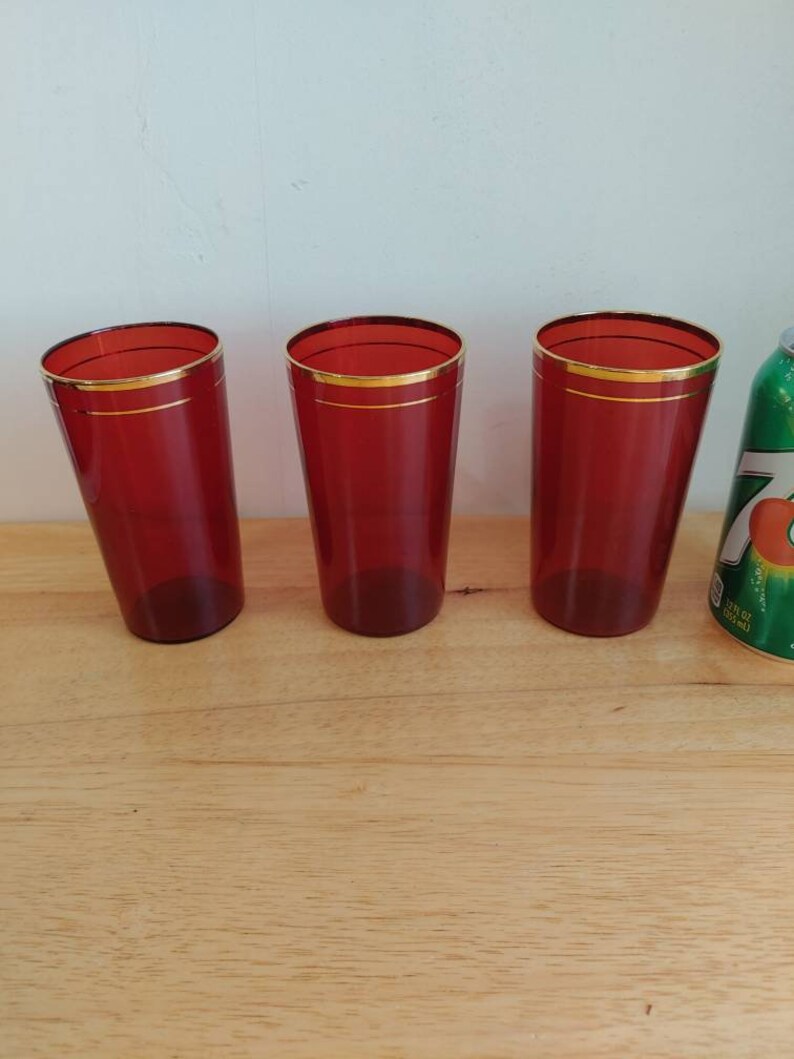 Buy Ruby Red 3 Glasses Mid Century Barware Cranberry Highball Glassware ...