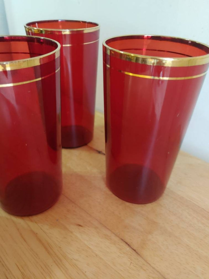 Buy Ruby Red 3 Glasses Mid Century Barware Cranberry Highball Glassware ...