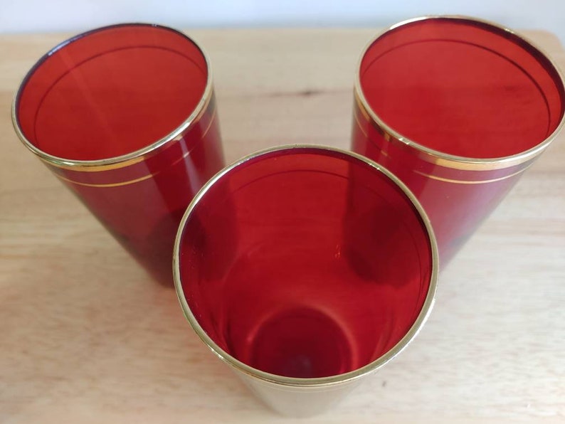 Buy Ruby Red 3 Glasses Mid Century Barware Cranberry Highball Glassware ...