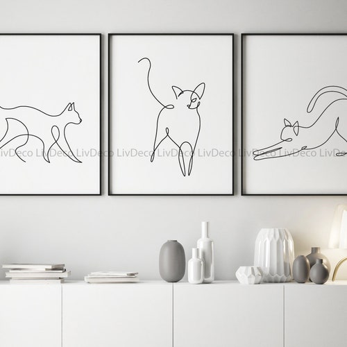 Cats Line Drawing Art Pets Printable Wall Decor Set of 3 | Etsy