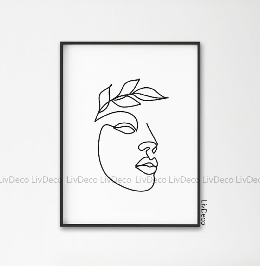 Printable Face One Line Drawing Art, Abstract Head in a Laurel Wreath ...