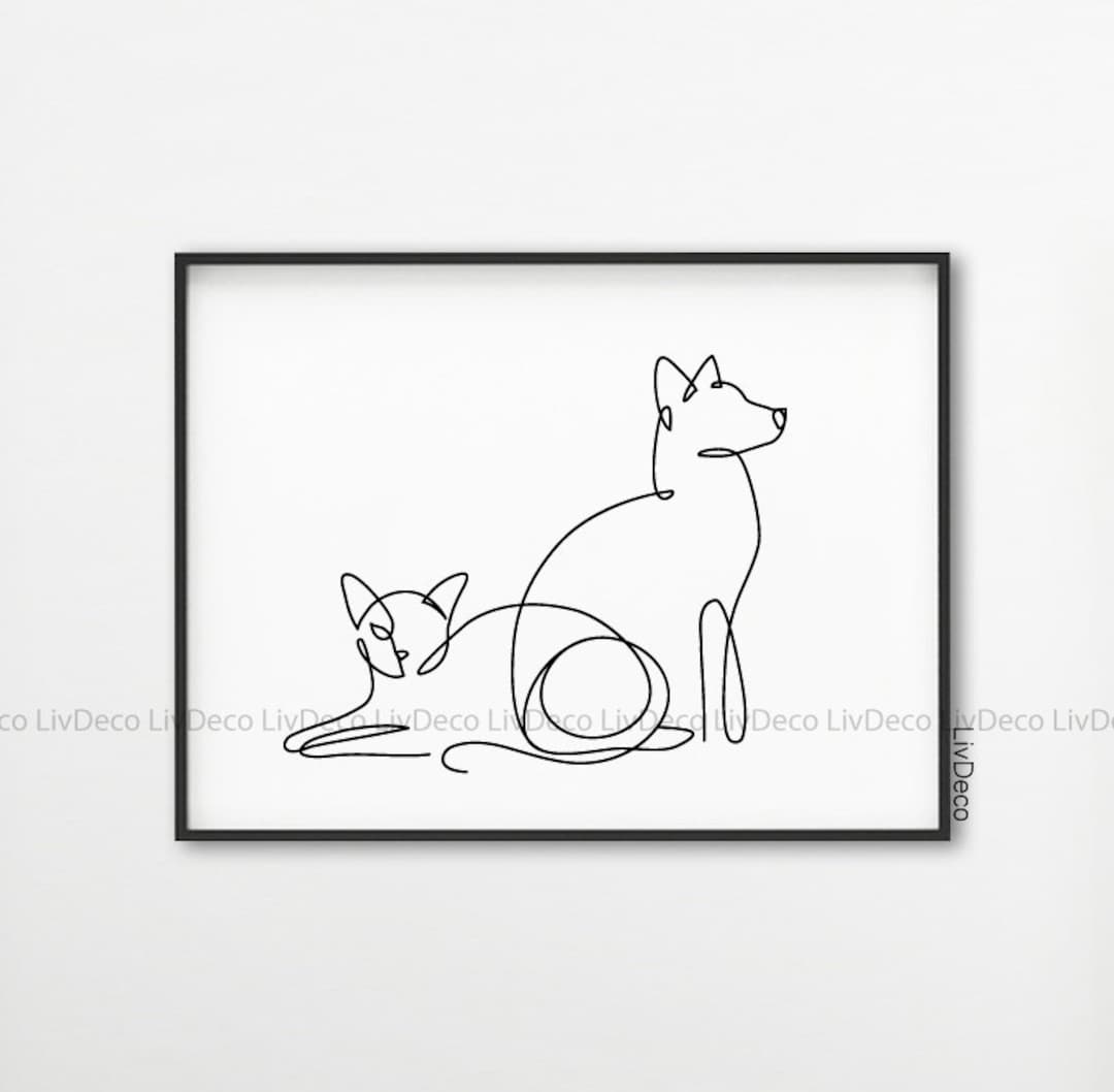 Cat and Dog Line Art, Minimalist Black and White Animals Sketch, Pets ...