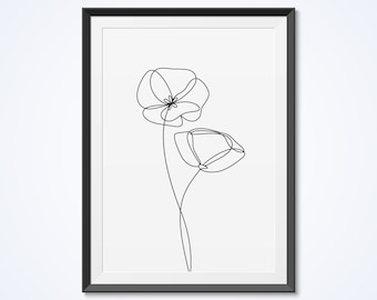 Poppy Poppies One Line Drawing DIGITAL DOWNLOAD Print Printable Flower ...
