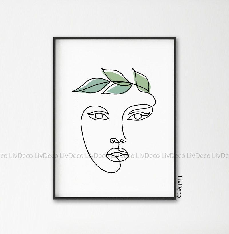 Woman Face With Leaves Printable Line Art Abstract | Etsy