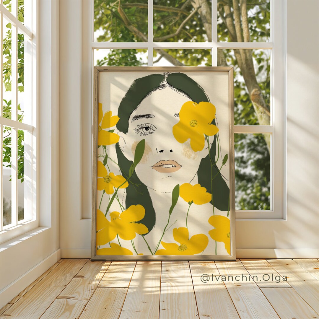 Abstract Woman Portrait With Yellow Flowers Digital Art Print. Boho ...