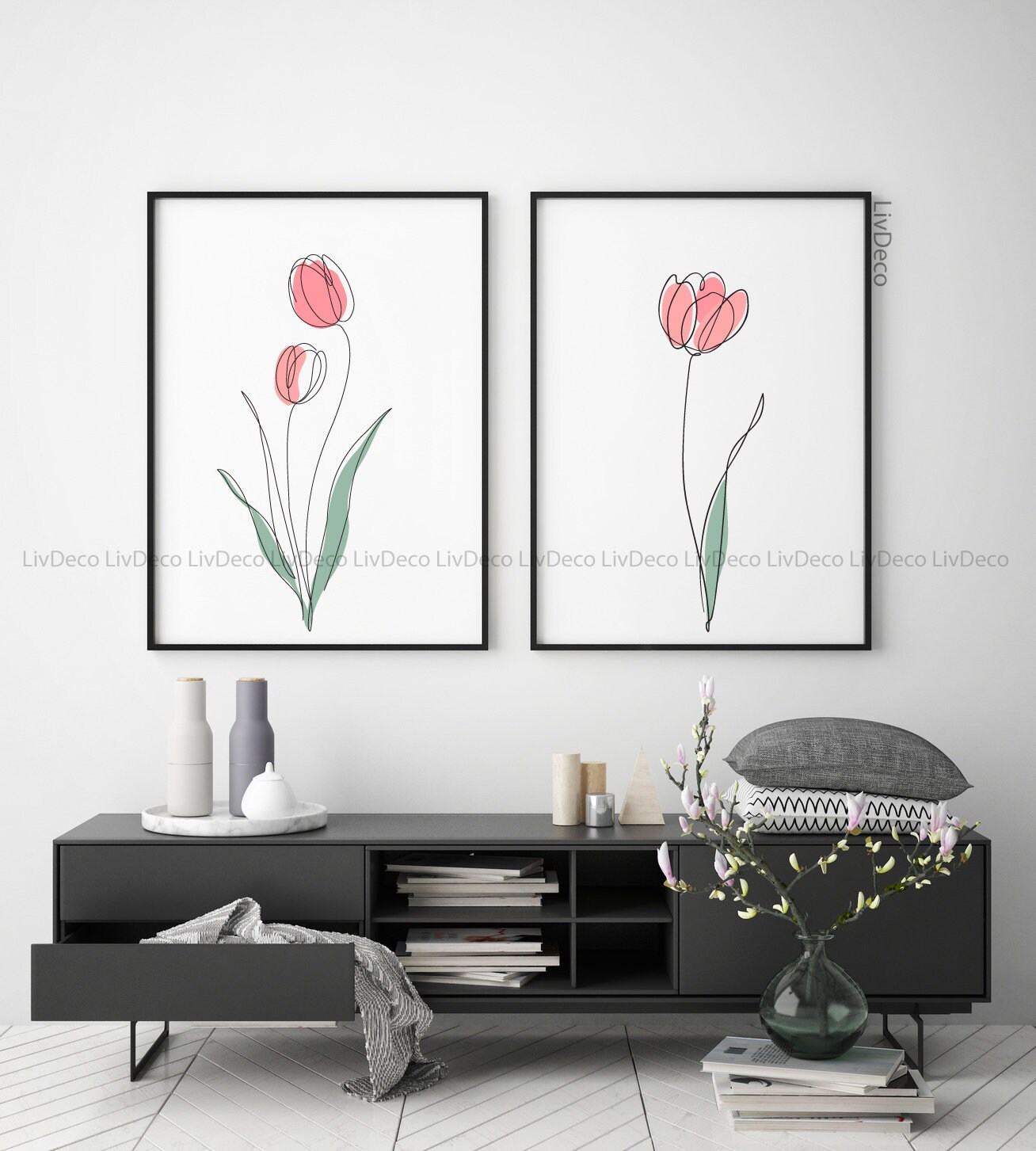 Two Tulips Line Drawing Art. Printable Wall Decor Abstract - Etsy