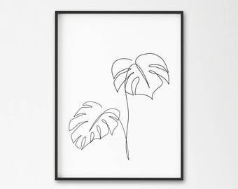 Monstera Plant Printable Line Art Tropic Leaves Print | Etsy