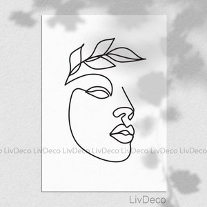 Printable Face One Line Drawing Art, Abstract Head in a Laurel Wreath ...