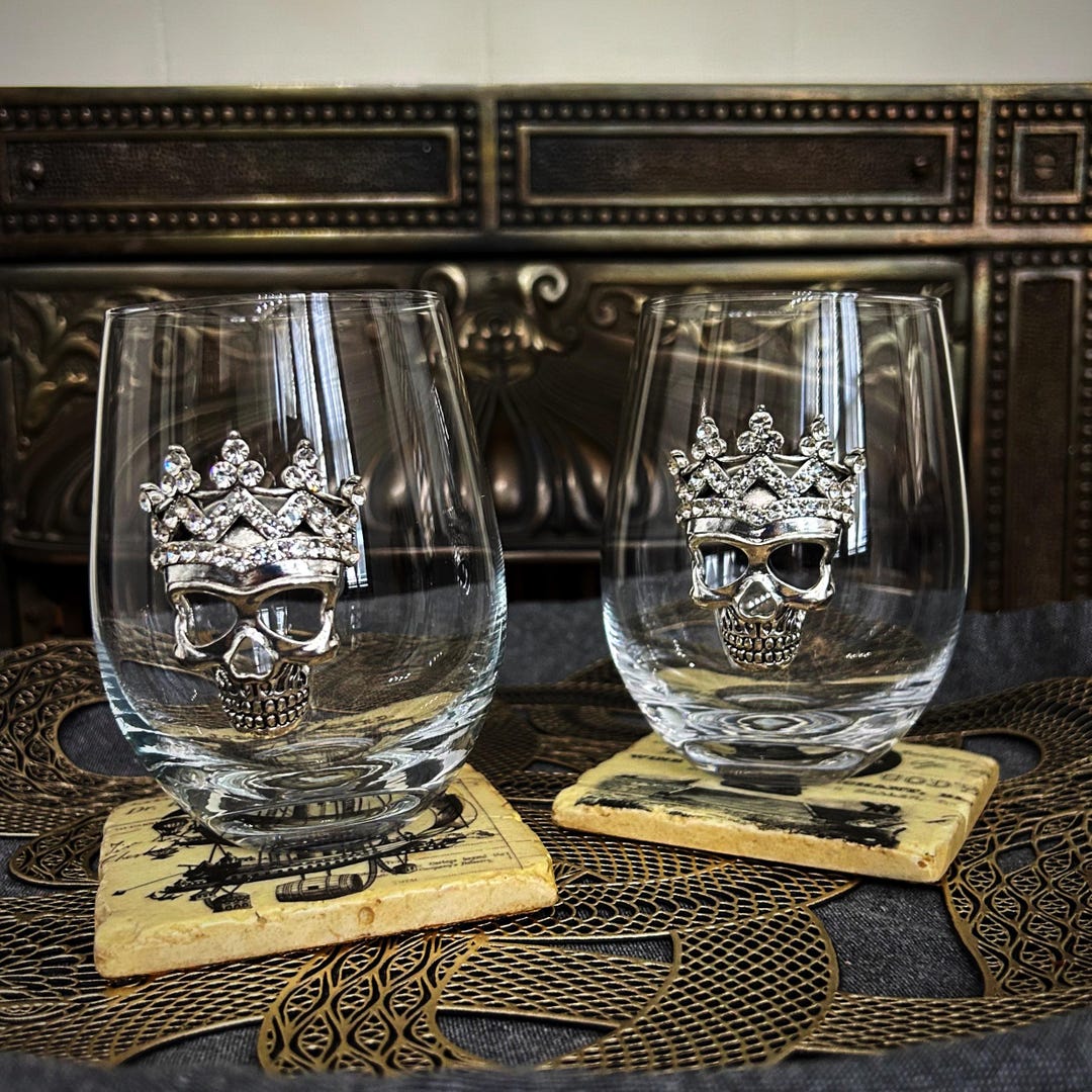 Skull and Crown Stemless Wine Glass Set of 2, Rhinestone Embellished ...