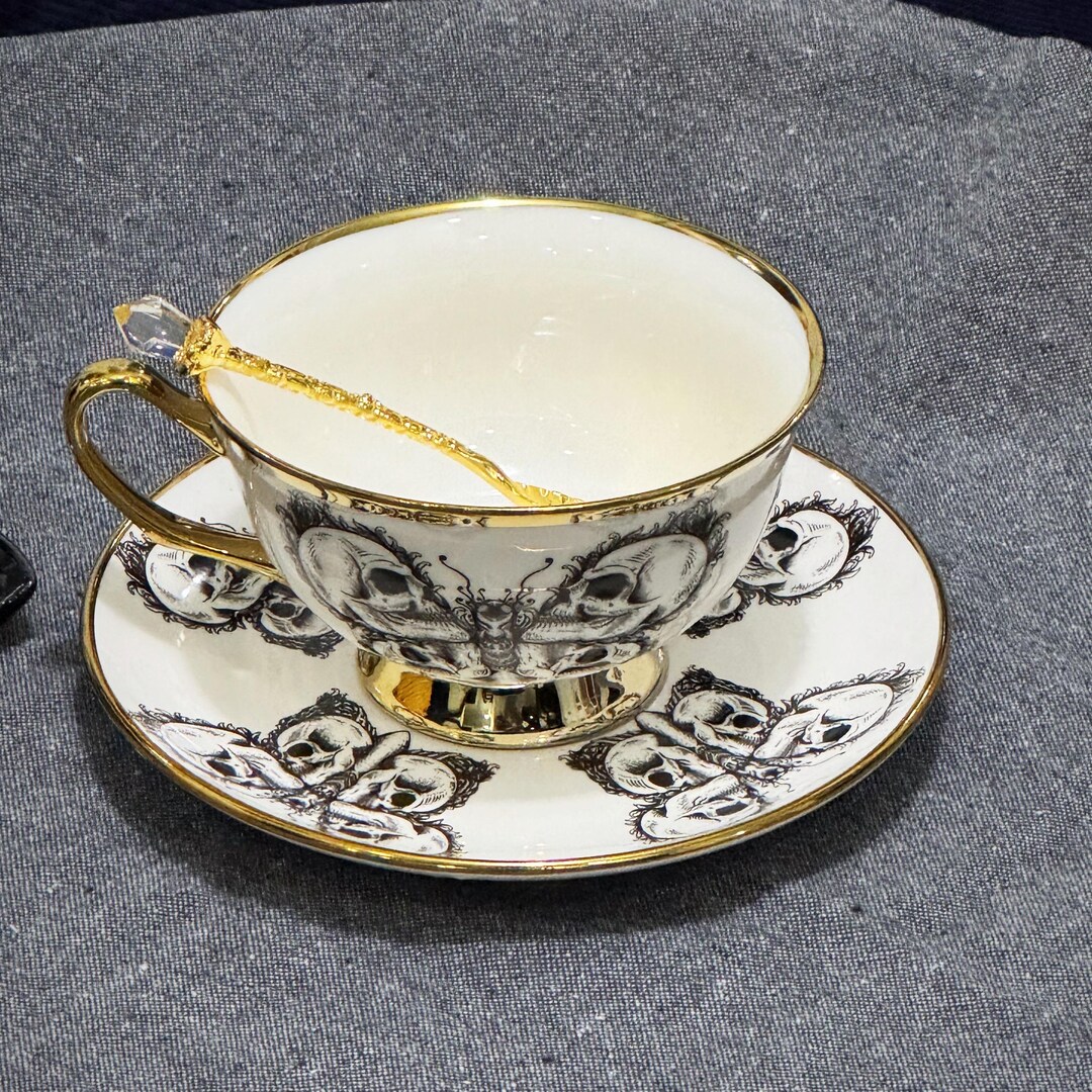 Tea Cup, Saucer, and Spoon Set With the Death Moth Skull Accent Death ...