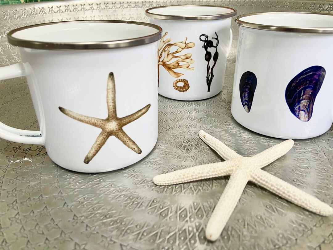 Coastal Enamel Mugs. Starfish, Mussel Shells or Seaweed. You Choose ...