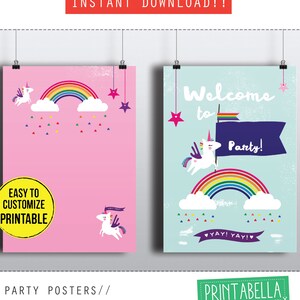 Rainbow Unicorn Party Poster PACK With 4 Editable UNICORN RAINBOW Party ...