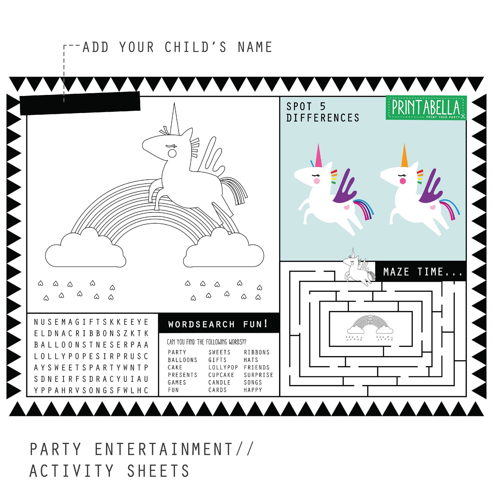 Rainbow Unicorn Activity Sheets for Kids Party Entertainment Coloring ...