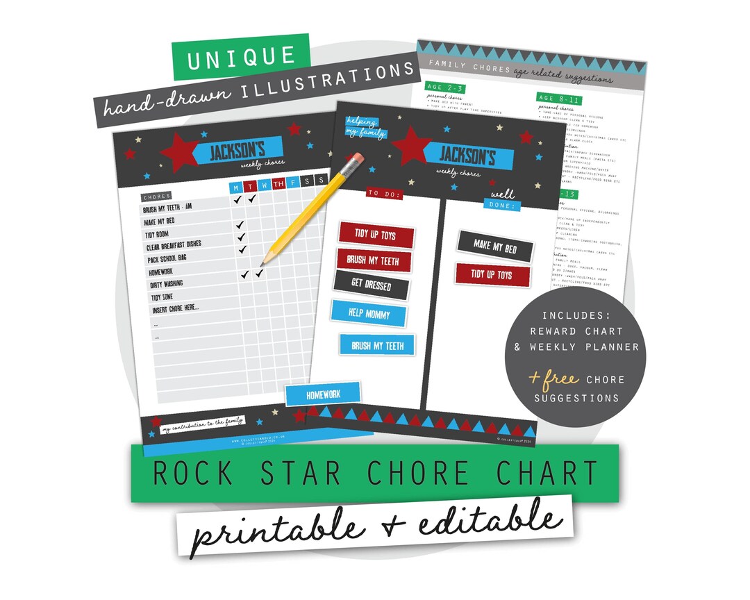 Rock Star Chore Chart for Boys | Kids Reward Chart & Weekly Planner ...