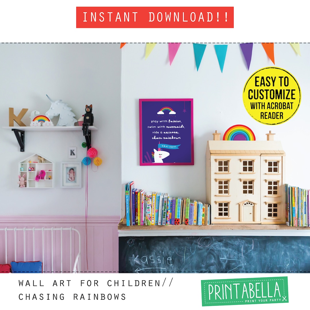 Rainbow Unicorn WALL ART Fairies Mermaids Unicorns Chasing Rainbows ...