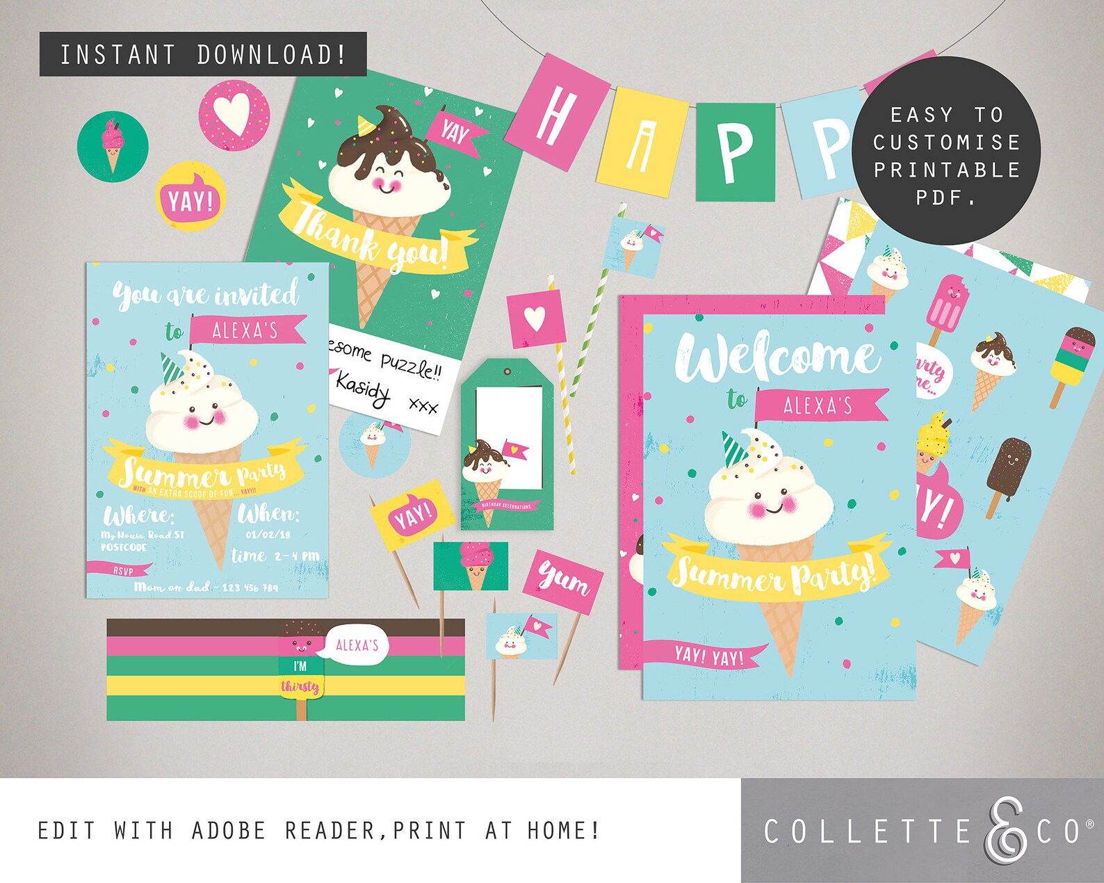 ICE CREAM Party Printables Birthday Bundle Editable Ice Cream ...