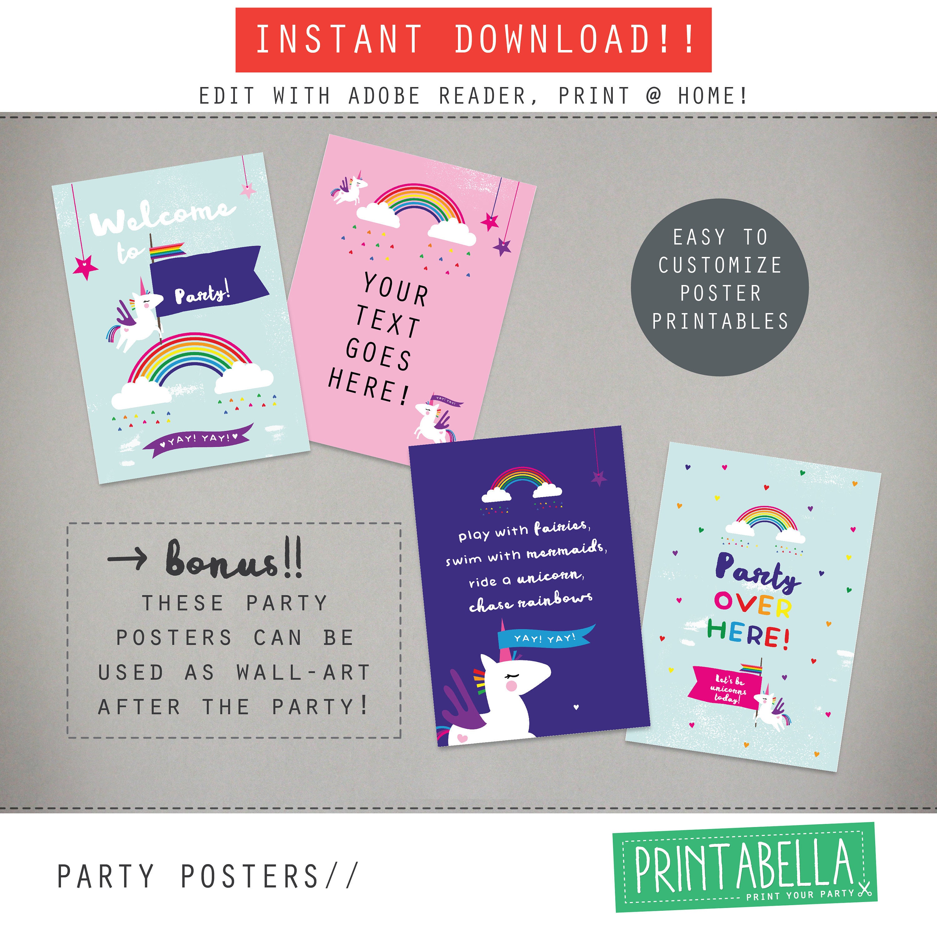 Rainbow Unicorn Party Poster PACK With 4 Editable UNICORN - Etsy