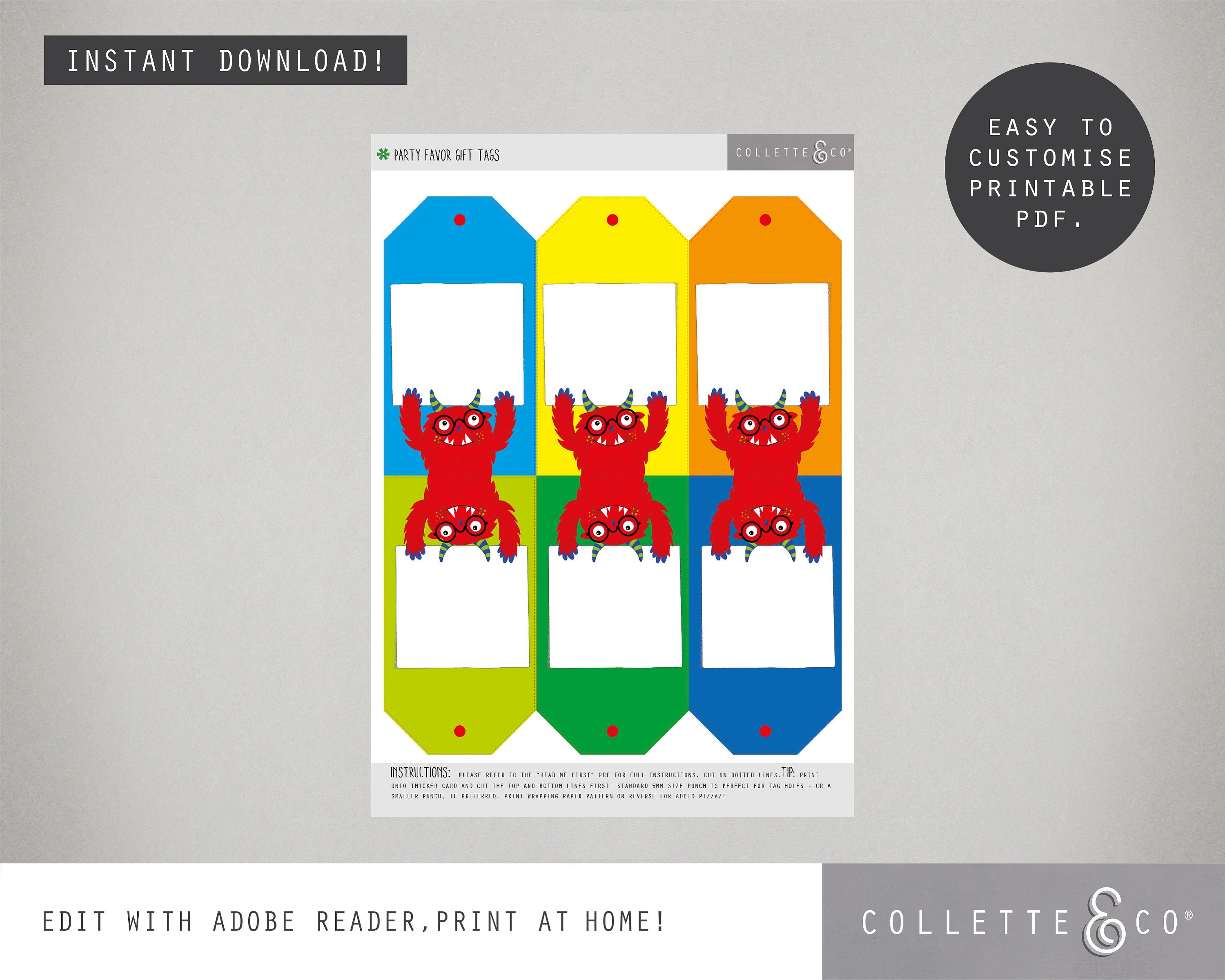 MONSTERS Printable Gift Tags MONSTER Printable Wrapping Paper Instant ...