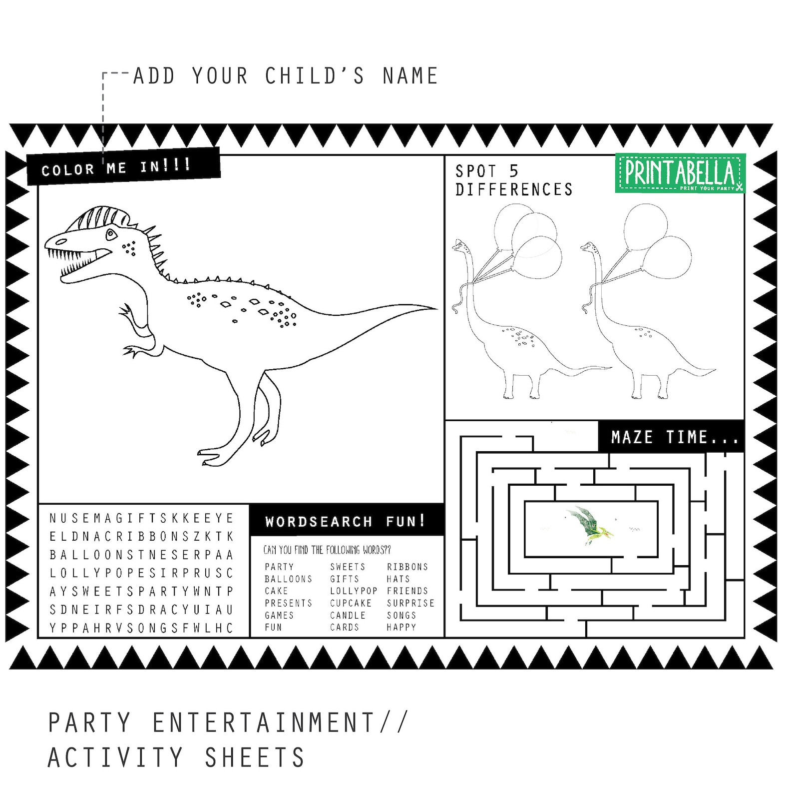 Printable Dinosaur Activity Sheets Party Entertainment Coloring Sheet ...