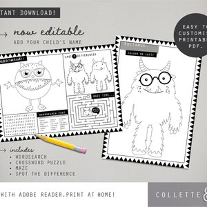MONSTERS Activity Sheets for Kids Party Entertainment Editable Coloring ...