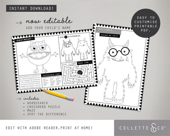 MONSTERS Activity sheets for kids Party entertainment editable coloring ...