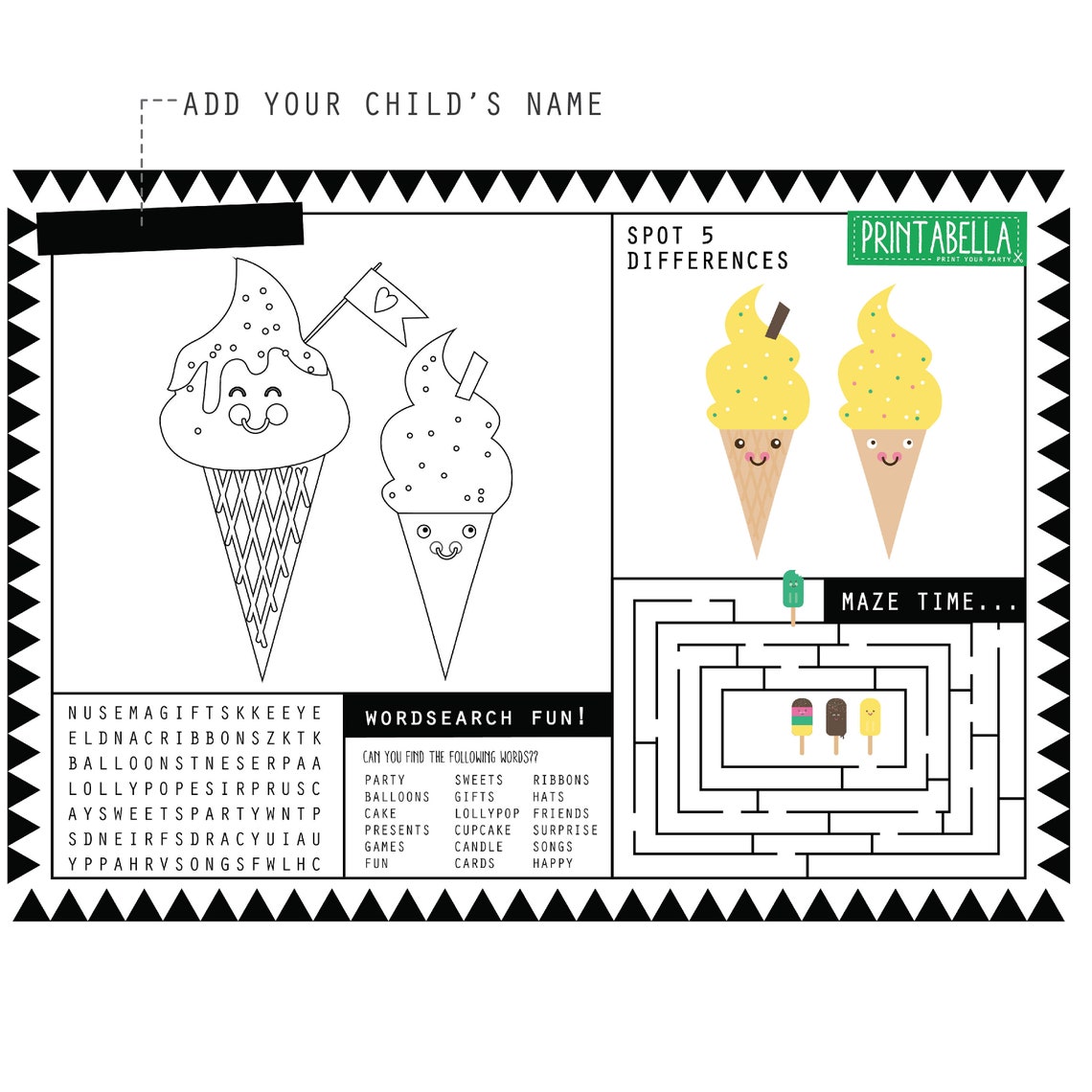 ICE CREAM Activity Sheets for Kids Party Entertainment Coloring Sheets ...