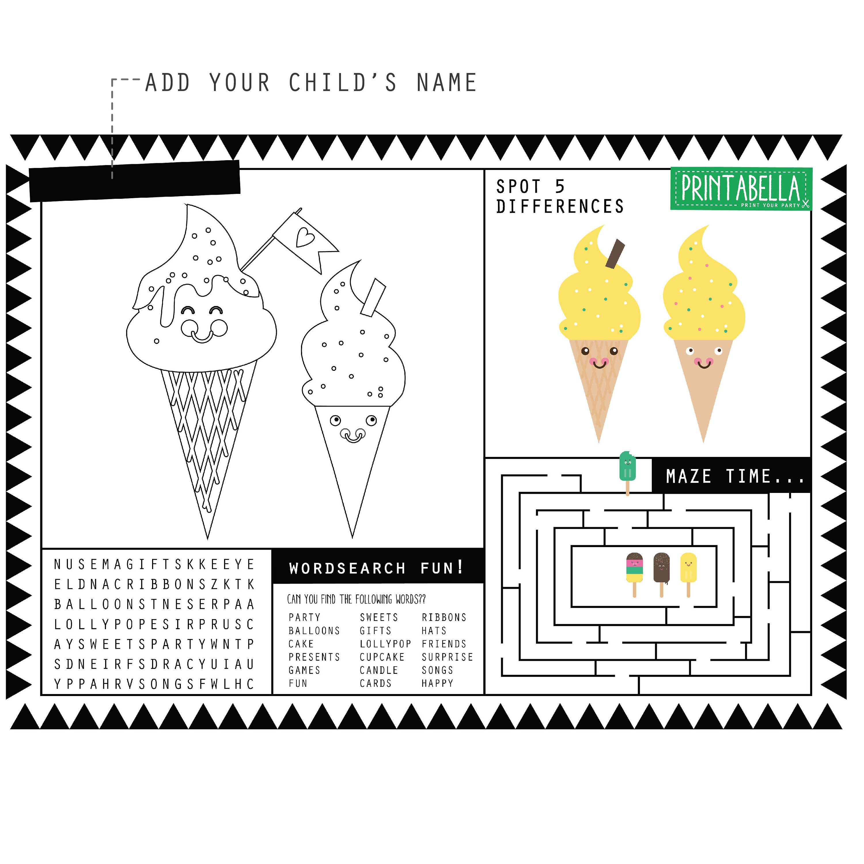 ICE CREAM Activity Sheets for Kids Party Entertainment Coloring Sheets ...