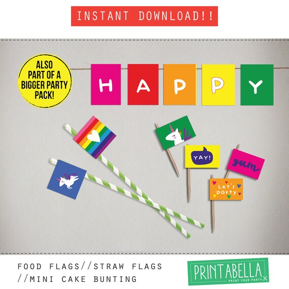 RAINBOW UNICORN Printables Party Food Flags Rainbow Unicorn Party Straw ...