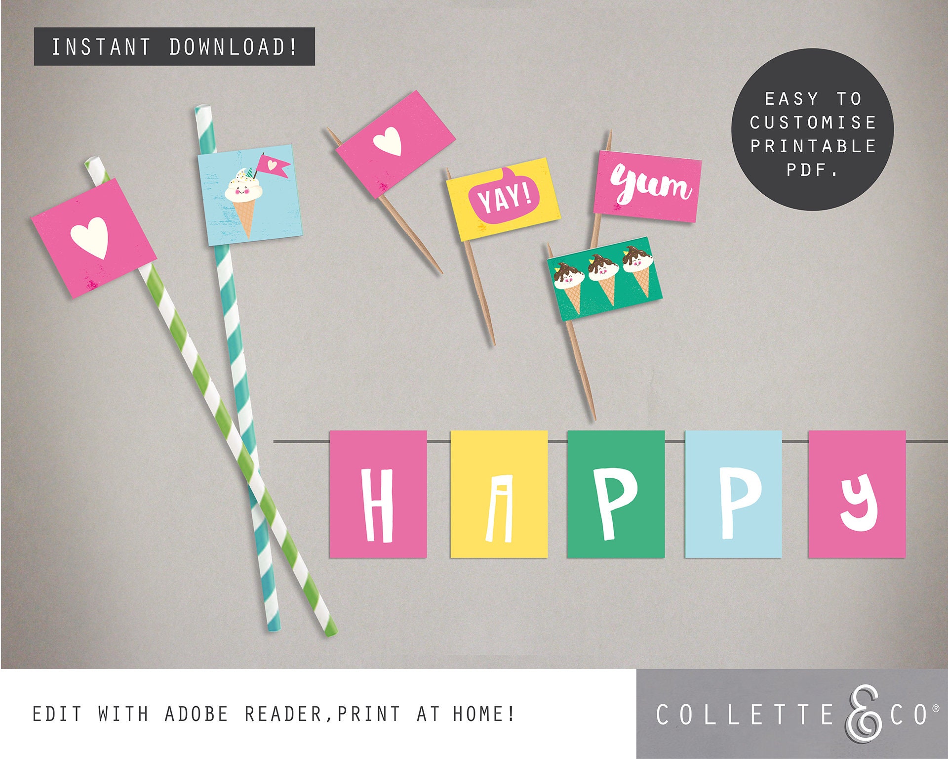 ICE CREAM Party Printables Birthday Bundle Editable Ice Cream ...