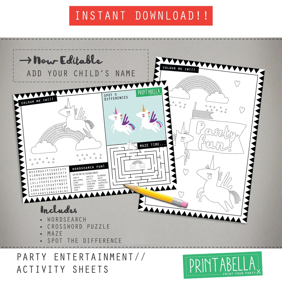 Rainbow Unicorn Activity Sheets for Kids Party Entertainment Coloring ...