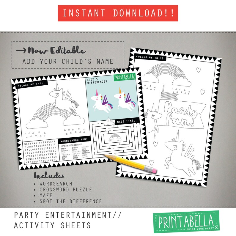 Rainbow Unicorn Activity Sheets for Kids Party Entertainment Coloring ...