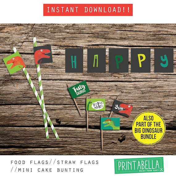 Dinosaur Party Food Flags and Printable Dinosaur Party Straw Flags with ...