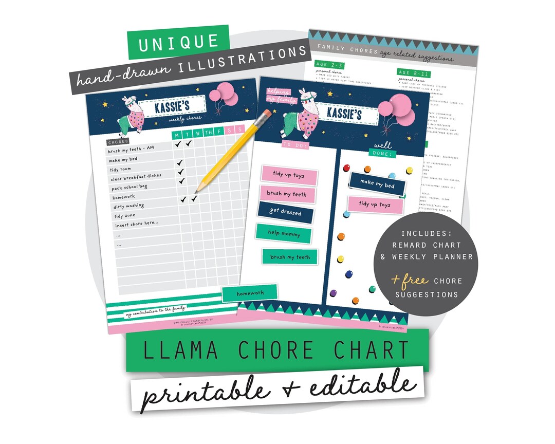 Printable Llama Chore Chart for Kids | Reward Chart & Weekly Planner ...