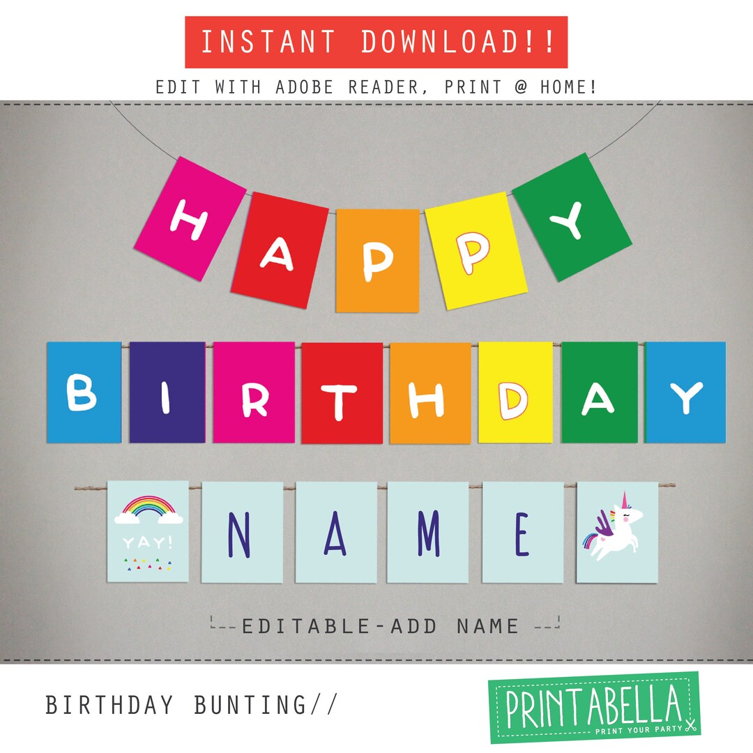 Rainbow Unicorn Birthday Bunting Rainbow Unicorn Printable Bunting ...