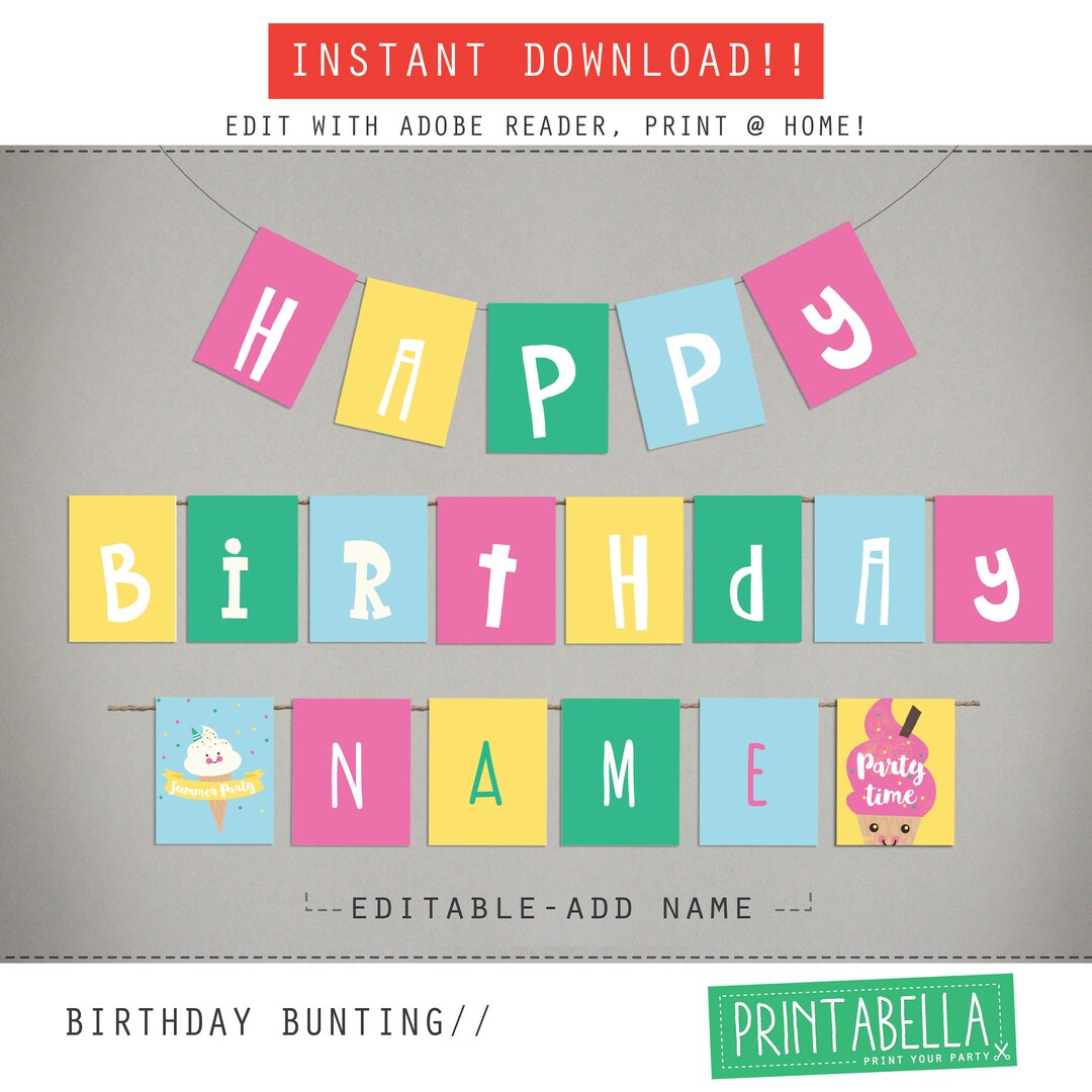 ICE CREAM Bunting Instant Download Party Printables Editable Ice-cream ...