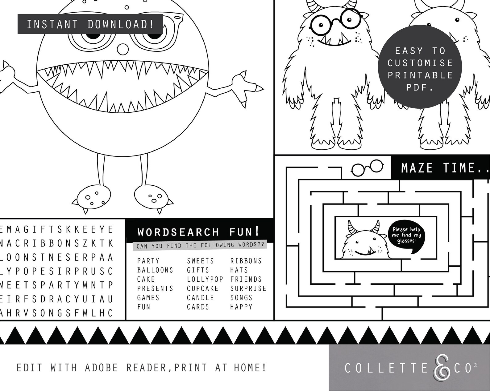 MONSTERS Activity Sheets for Kids Party Entertainment Editable Coloring ...