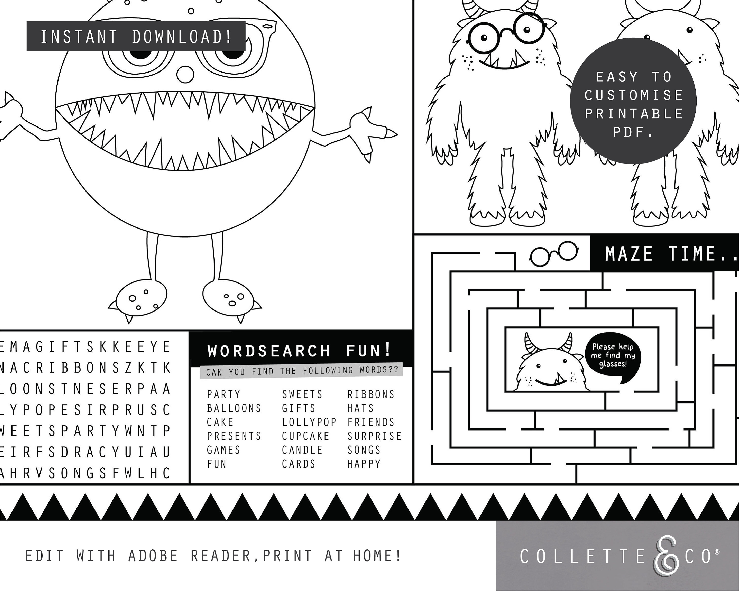 MONSTERS Activity Sheets for Kids Party Entertainment Editable Coloring ...