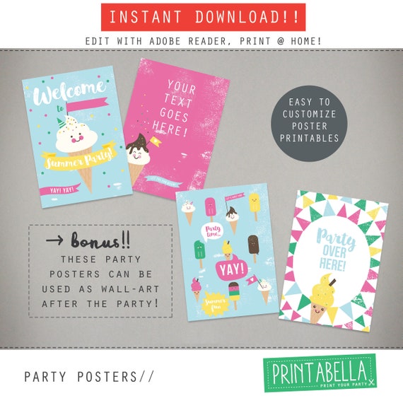 Ice Cream Party Poster PACK with 4 editable Ice Cream party posters ...