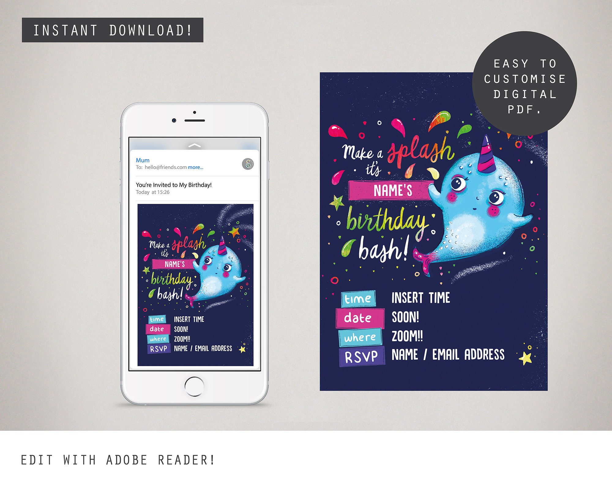 NARWHAL Electronic Birthday Invitation, Virtual Party Invitations for ...