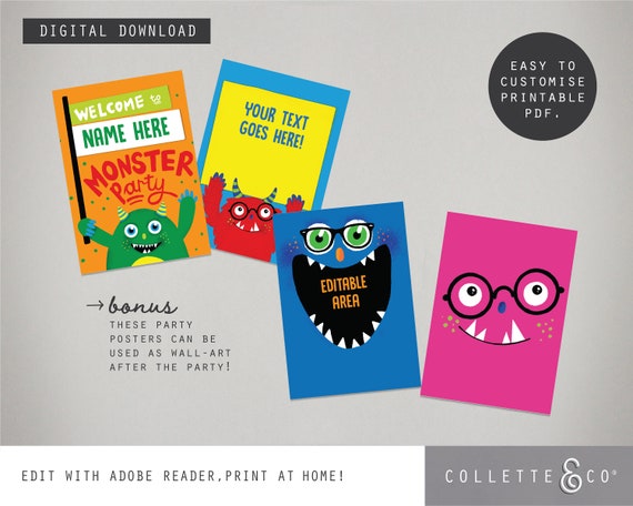 Monster Party Poster PACK with 4 editable MONSTER posters boys party ...