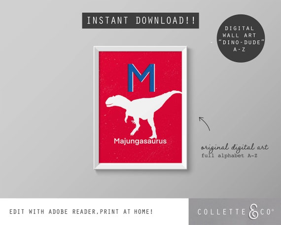 DINOSAUR wall art for kids, A-Z - LETTER M- dino screen-print alphabet ...