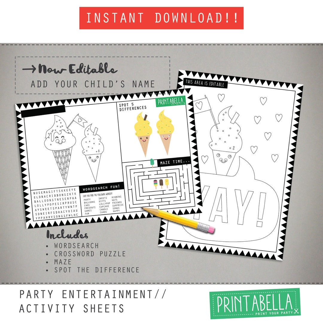 ICE CREAM Activity Sheets for Kids Party Entertainment Coloring Sheets ...